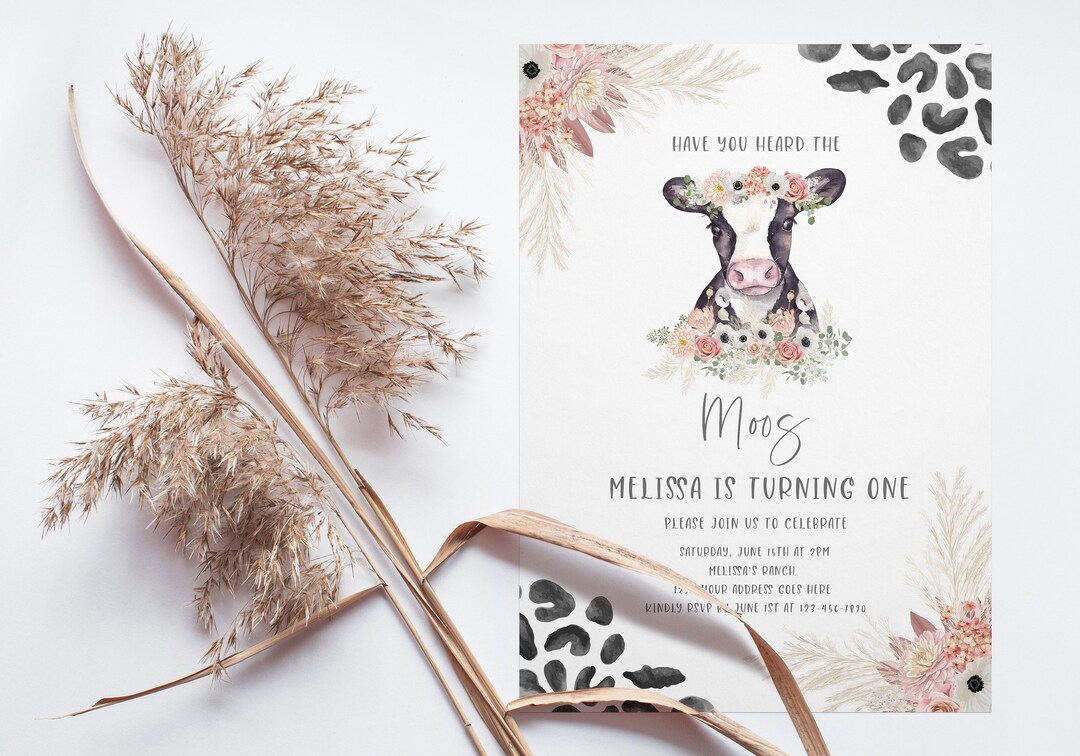 Moos 1st Birthday Invitation, Floral Cow Print Invitation, Cow Themed ...