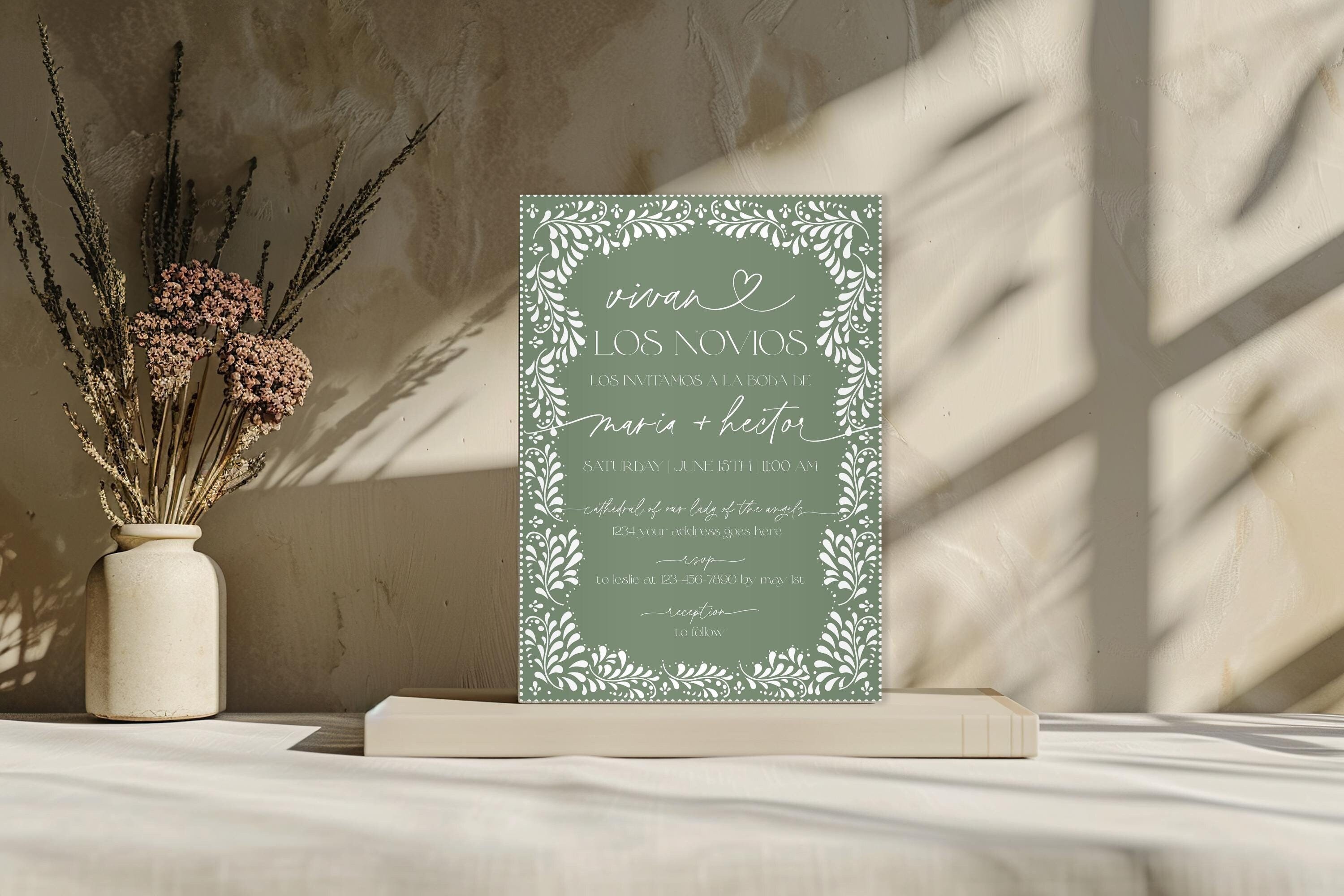 Sage Green Mexican White Talavera Inspired Wedding Invitation, Elegant ...
