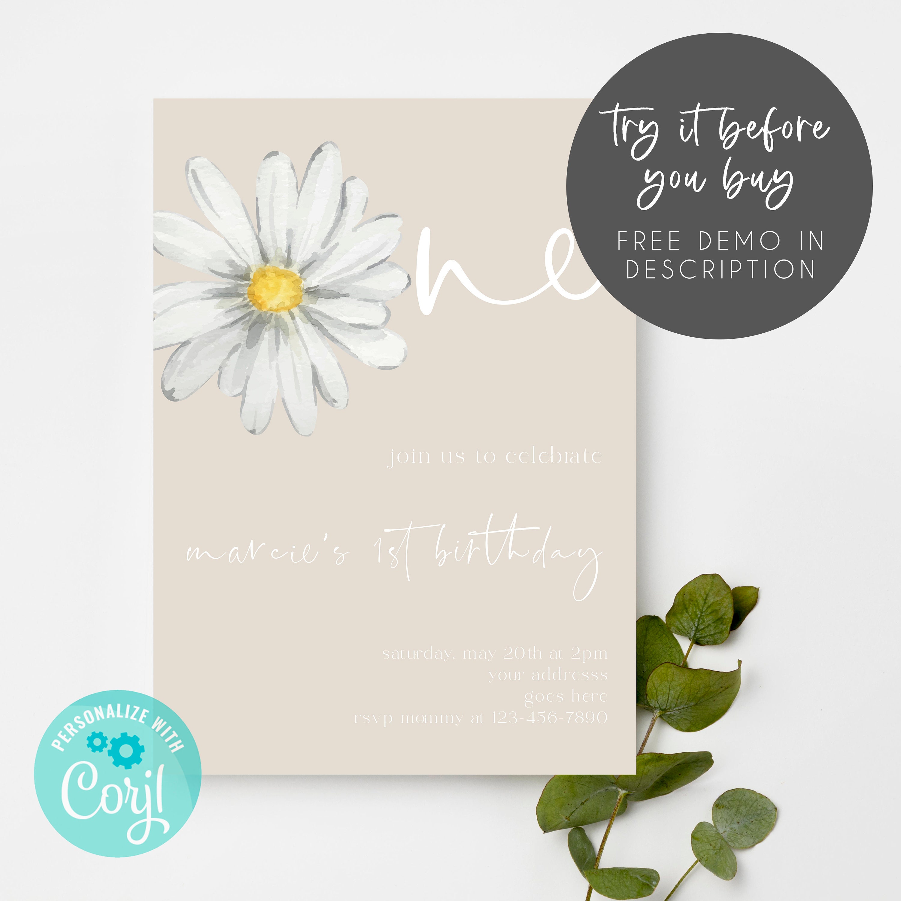 Daisy First Birthday Party Invitation, Boho Daisy Themed Party ...