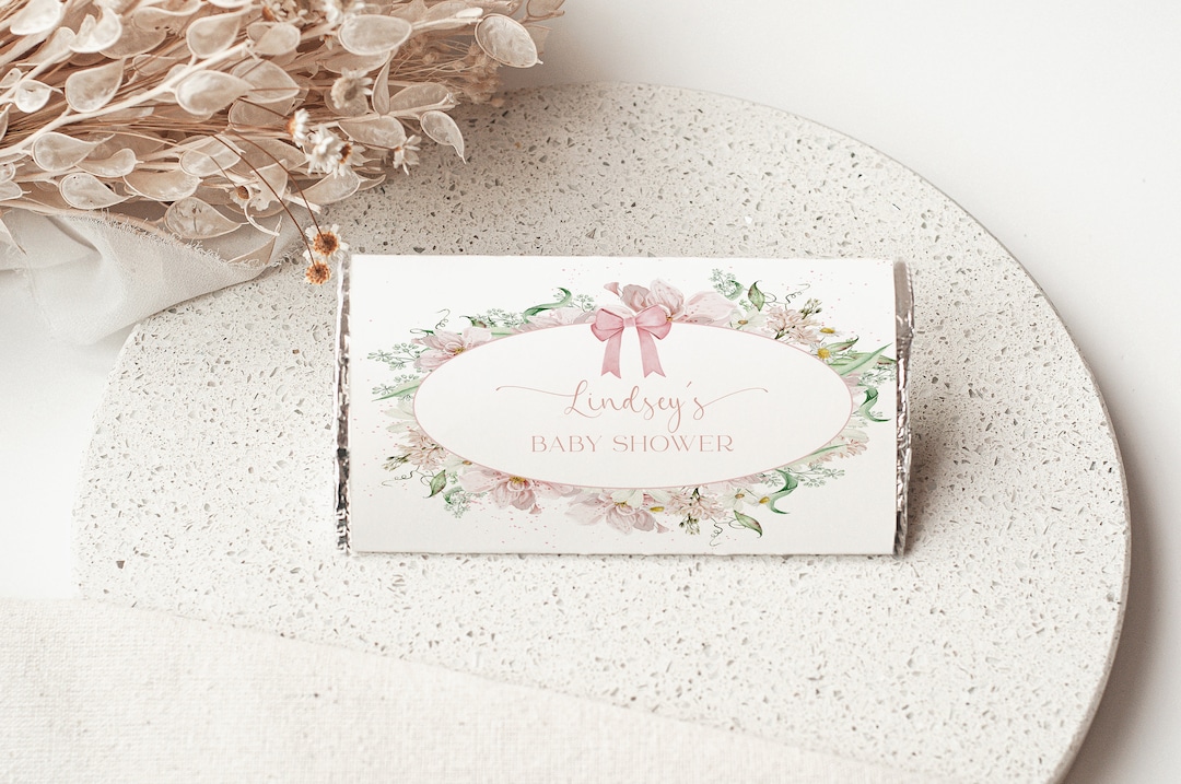 Coquette Pink Bow Flower Frame Baby Shower Chocolate Wrapper ...