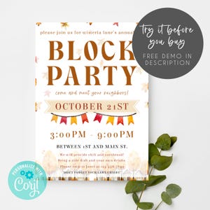 Fall Block Party Invitation, Block Party Flyer Editable Template ...