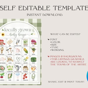 Locally Grown Baby Shower Bingo Game, Boho Farmer's Market Neutral Baby ...