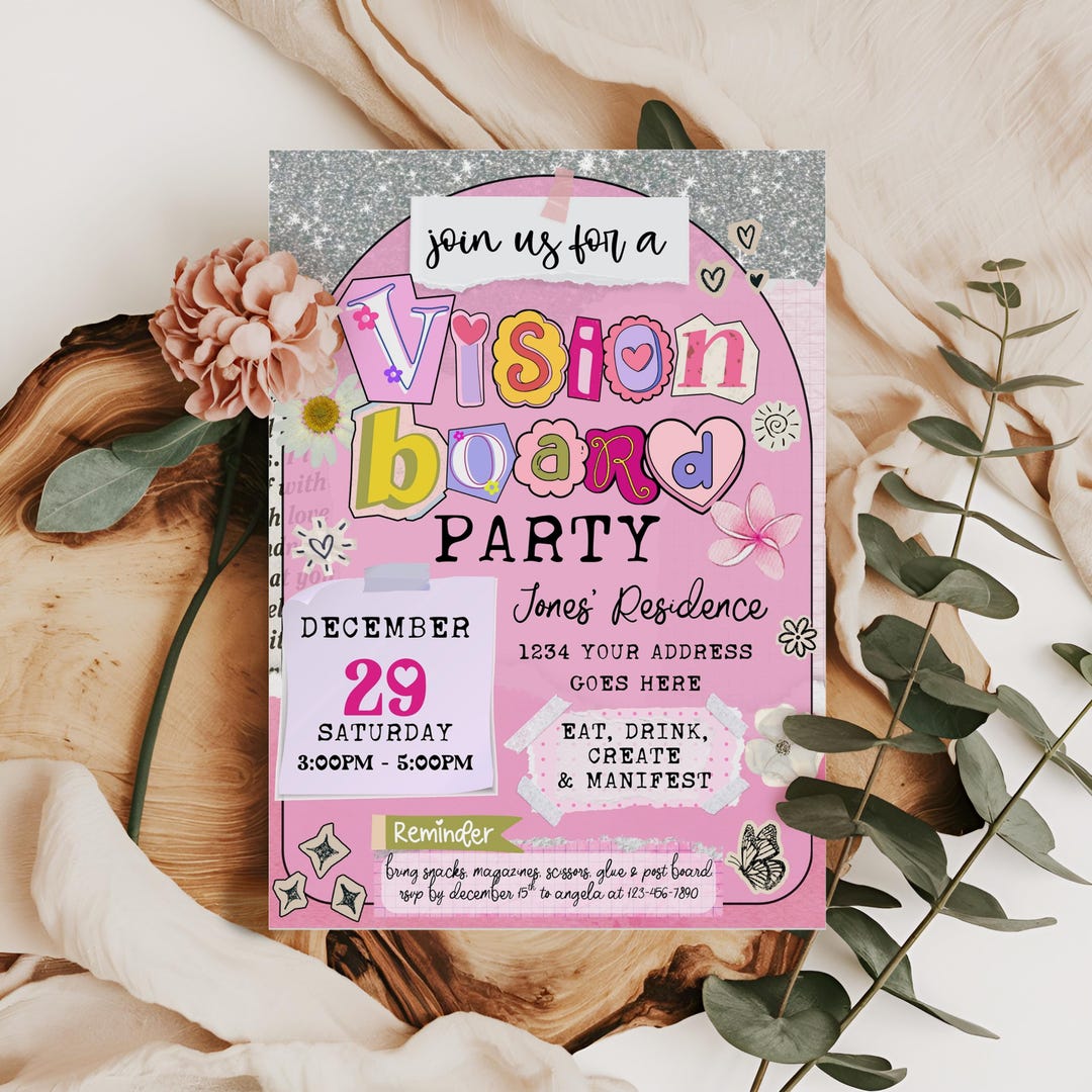 Pink Vision Board Party Invitation, Canva Template, Girls Night ...