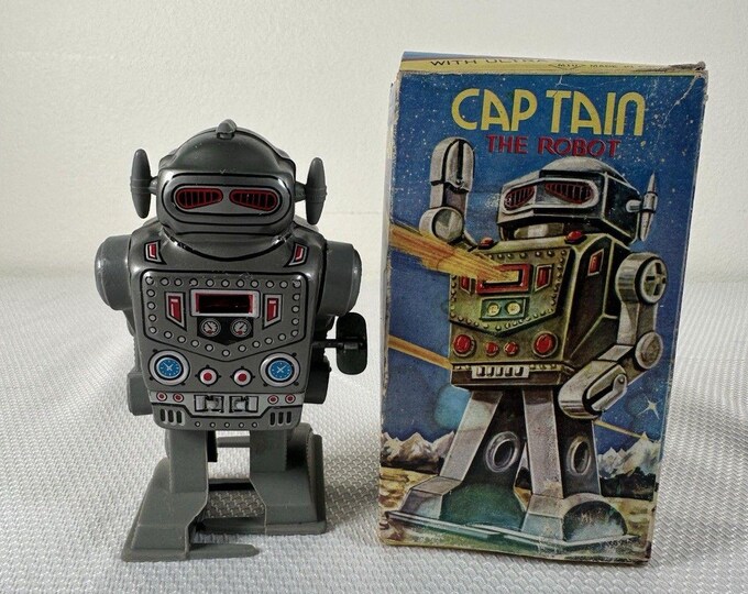 Vintage Captain the Robot Tin Windup Walking Space Robot W/ Box WORKS ...