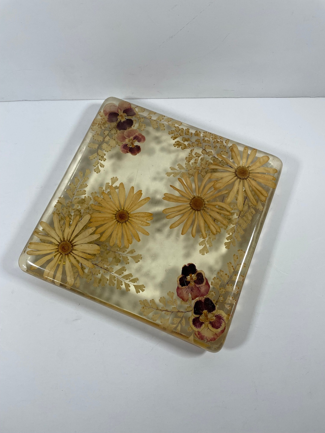Vintage Lucite Acrylic Pressed Wild Flower Trivet Tray Mid Century ...