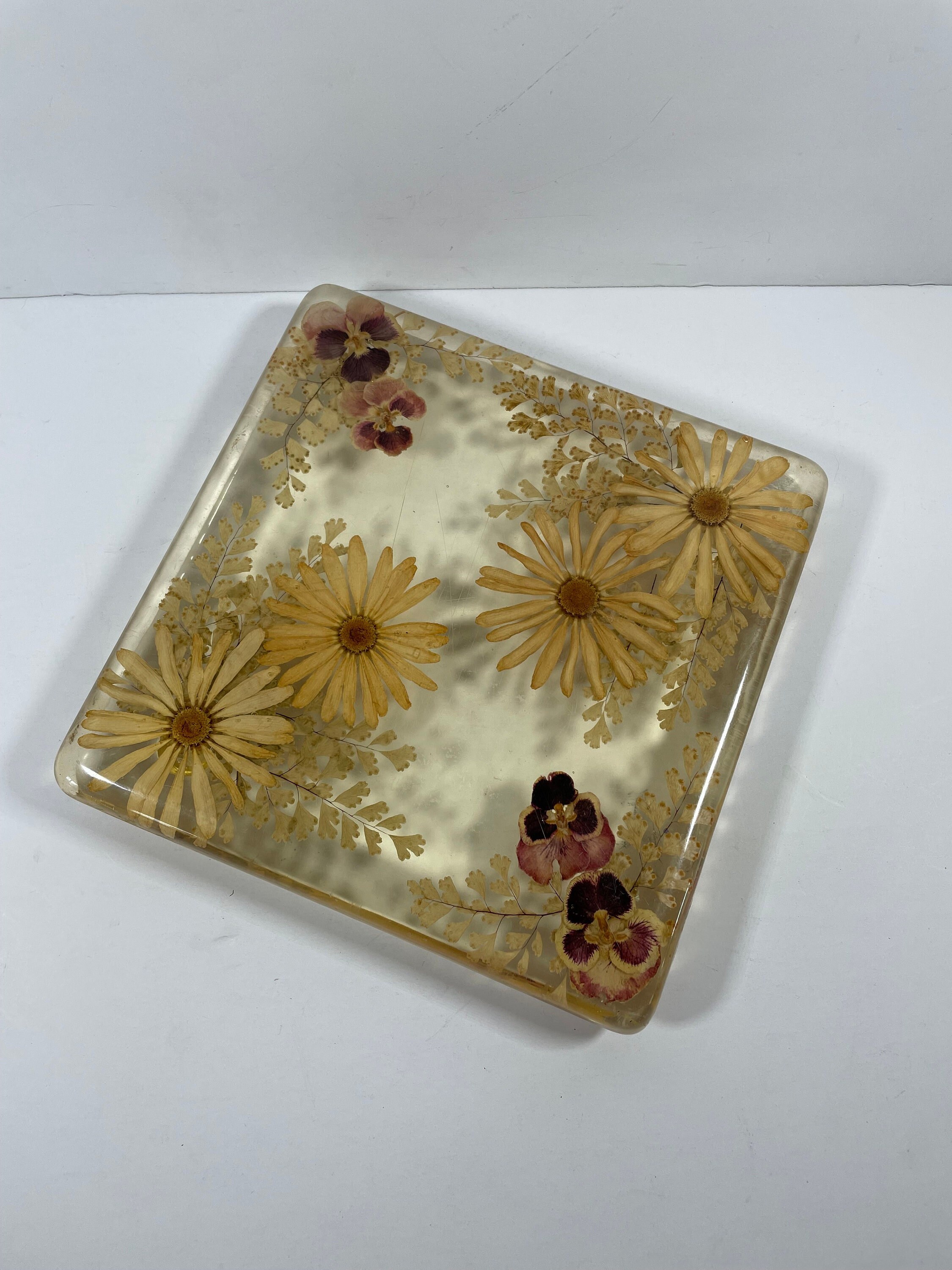Vintage Lucite Acrylic Pressed Wild Flower Trivet Tray Mid Century ...