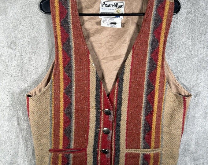 Vintage Pioneer Wear Aztec Snap Button Vest Men Large Brown Red Made in ...