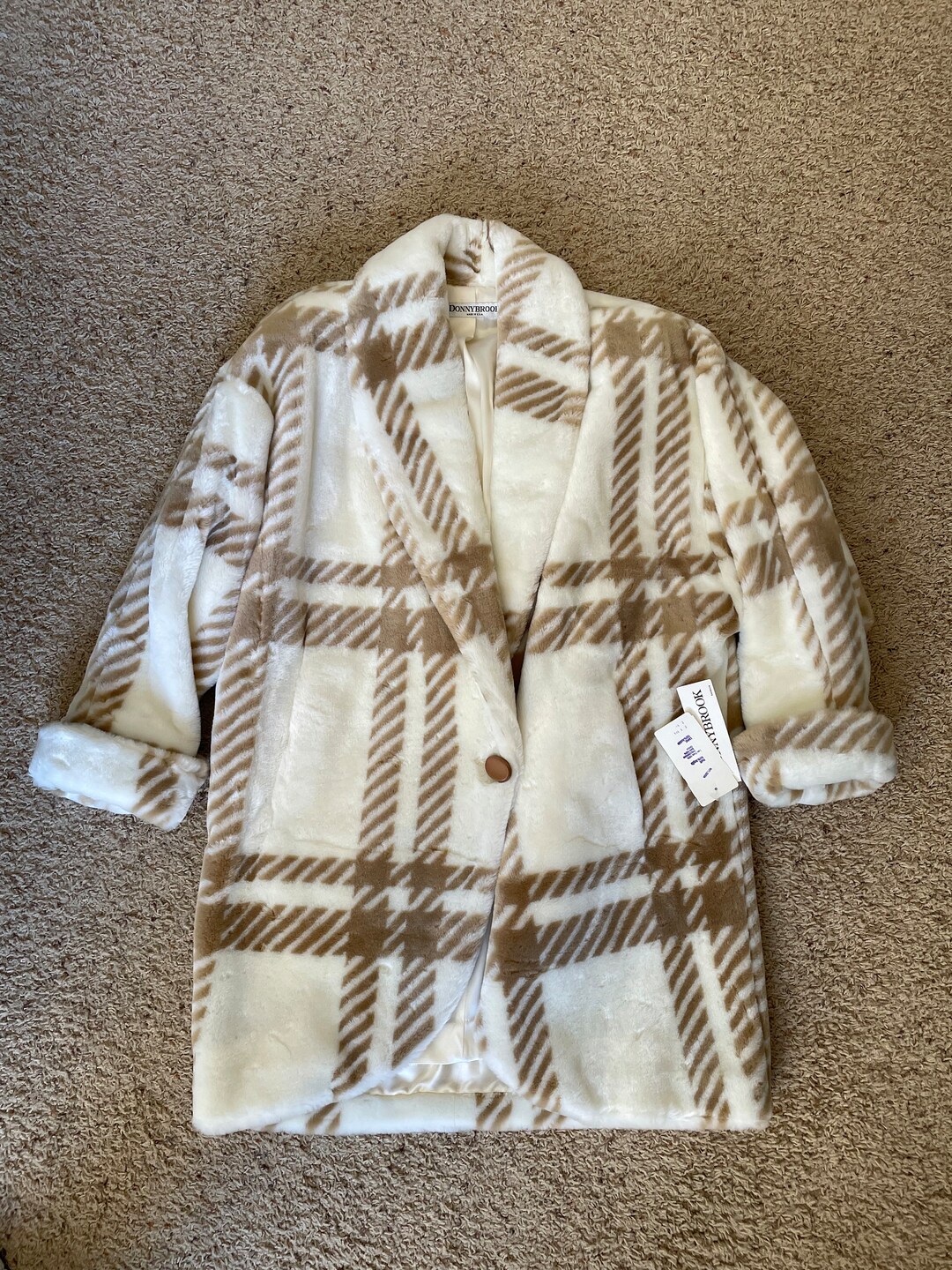 Vintage Donnybrook Small Oversized Over Coat White & Beige Plaid Faux ...