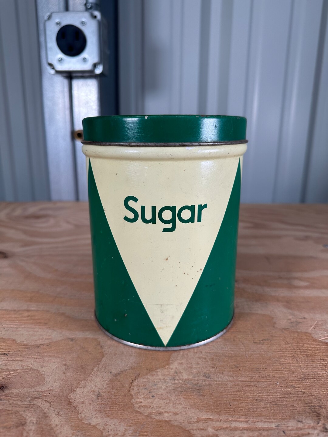 Vintage Sugar Metal Canister Container Green & Beige Mid Century Modern ...