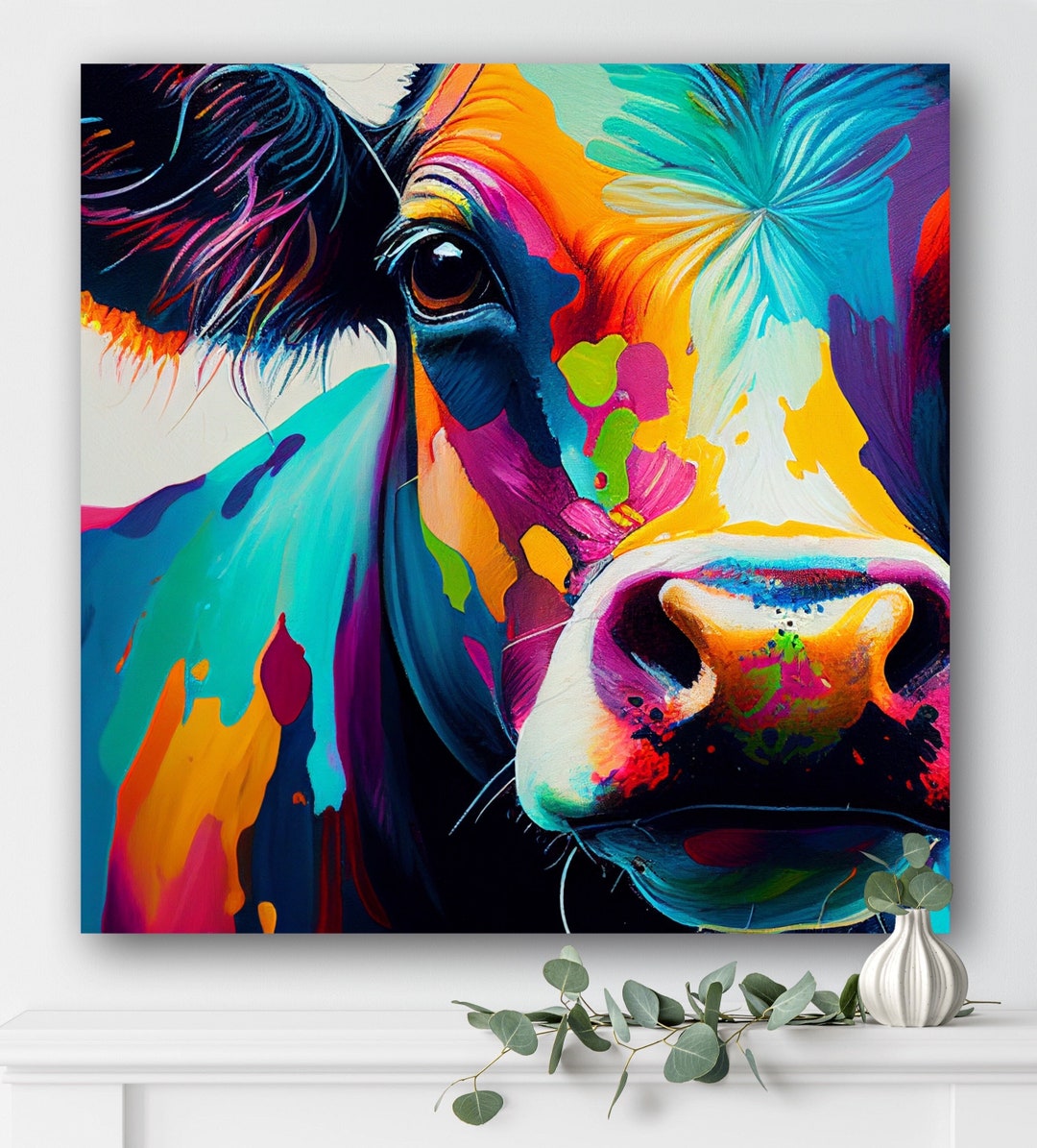 Abstract Cow Painting Print on Canvas Colorful Farm Animal Art, Quirky ...
