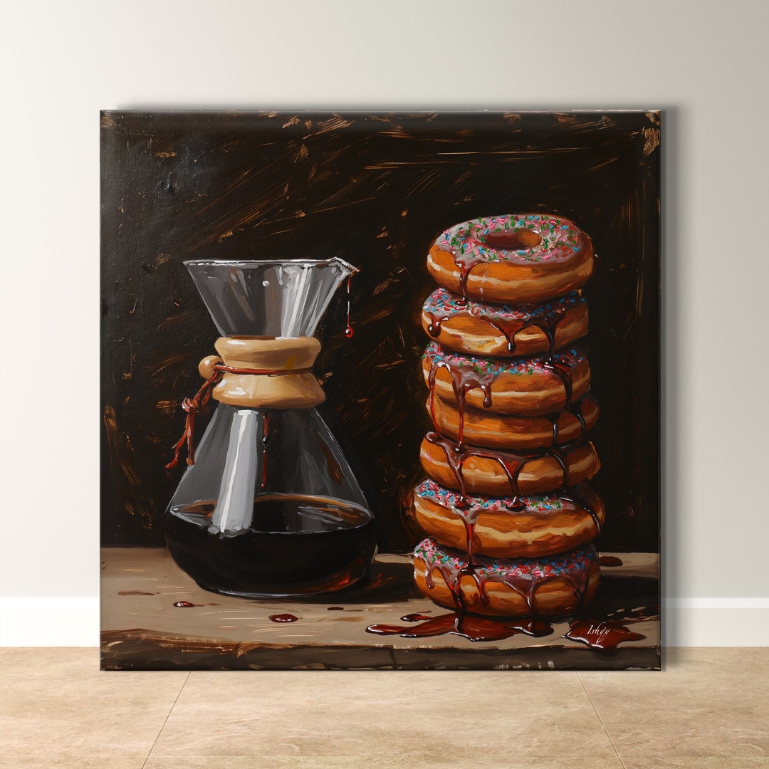 Donuts and Coffee Art, Colorful Kitchen Decor Framed Canvas, Playful ...