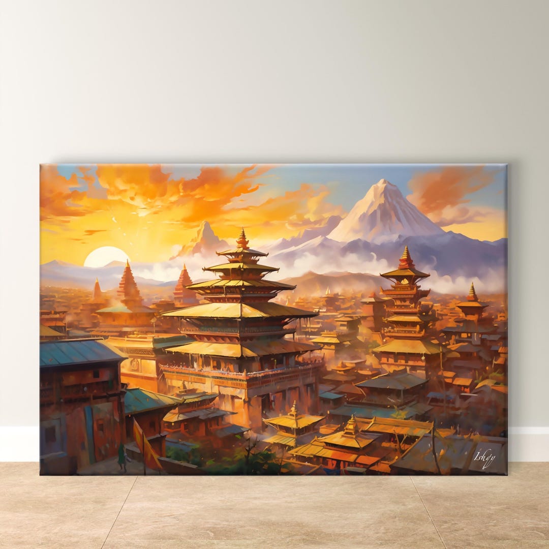 Nepalese Wall Art, Sunset Temple Print Himalayan Decor, Serene Mountain ...