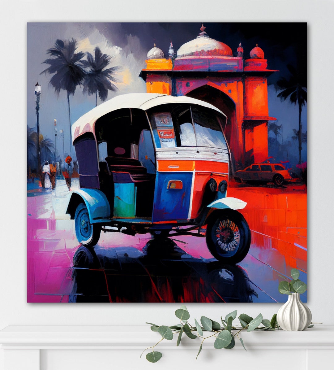 Rickshaw Indian Decor Mumbai Wall Art Colorful Canvas Print, Desi Boho ...
