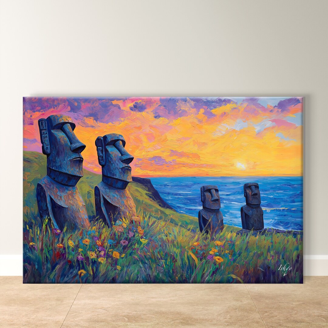 Easter Island Sunset - Vibrant Moai Landscape, Ocean View Canvas ...