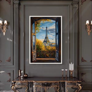 Paris Window View Art - Eiffel Tower Painting, Vibrant Cityscape Canvas ...