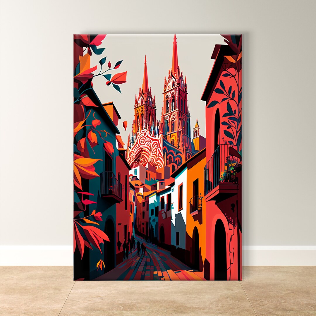 Mexican Art Illustration on Framed Canvas - San Miguel De Allende Art ...