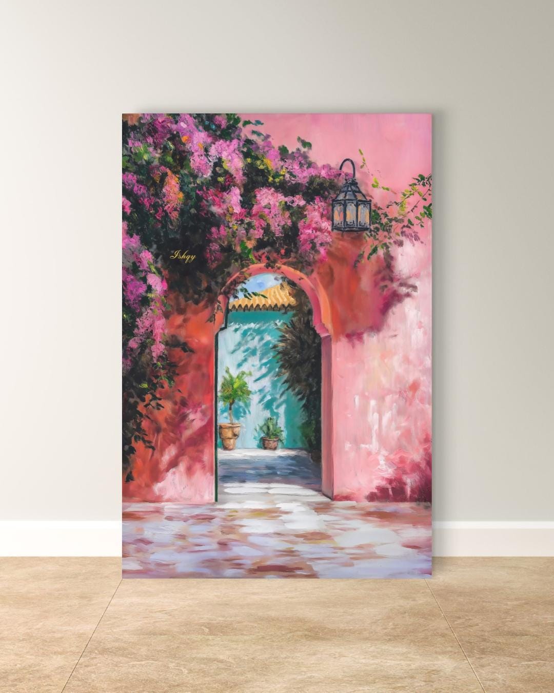 Moroccan Courtyard Wall Art Oil Painting Print, Pink Archway With ...