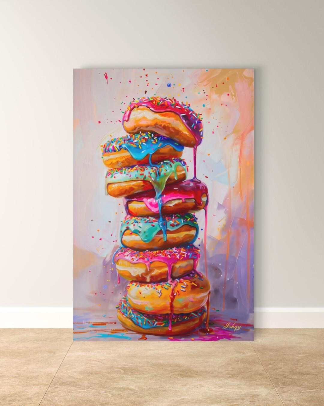 Donut Stack Painting Print Canvas Framed Canvas, Colorful Dripping ...