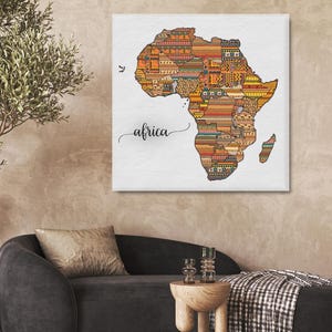 African Map Canvas & Framed Canvas Wall Art, Tribal Pattern Africa Map ...