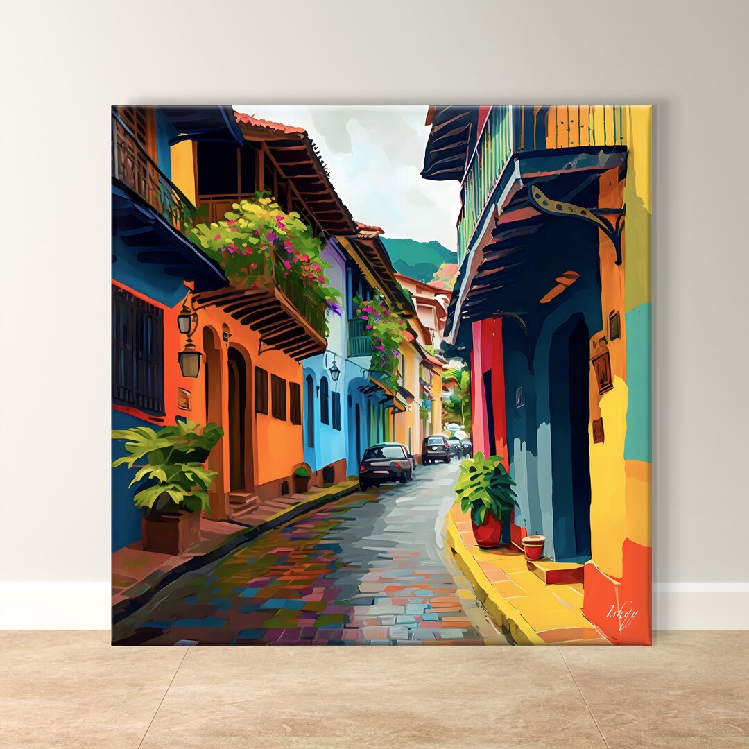 Cartagena Street Wall Art, Colorful Painting Print - Vibrant Urban ...