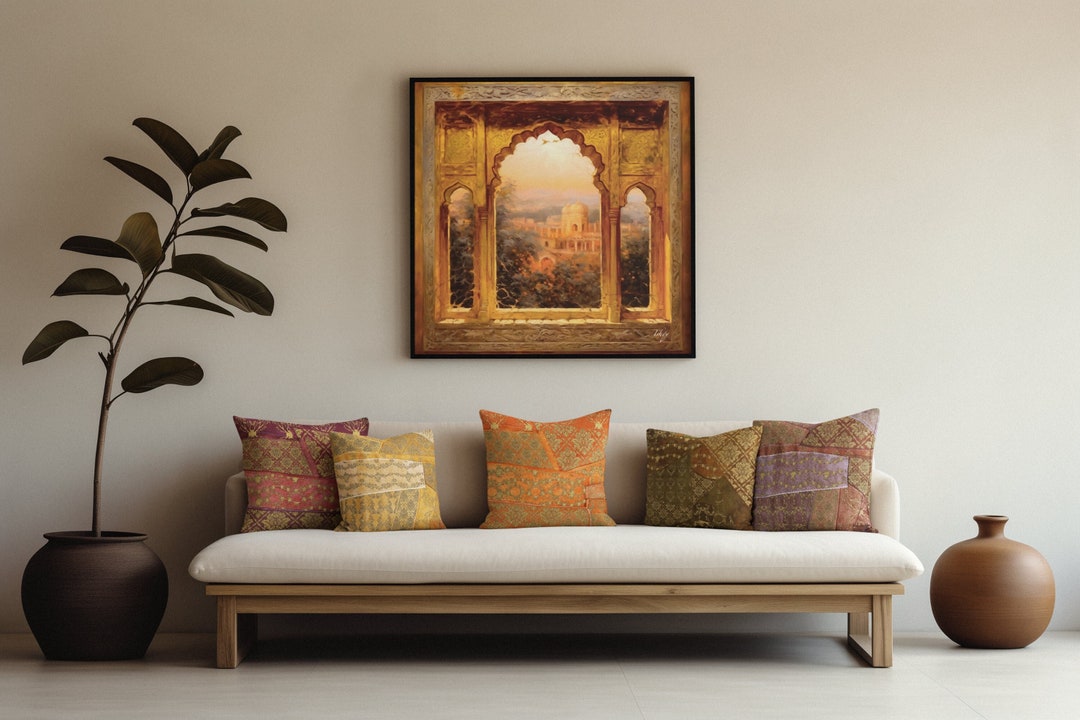 Gold Patchwork Print Throw Pillows, Set of 5 Vibrant Multicolored South ...