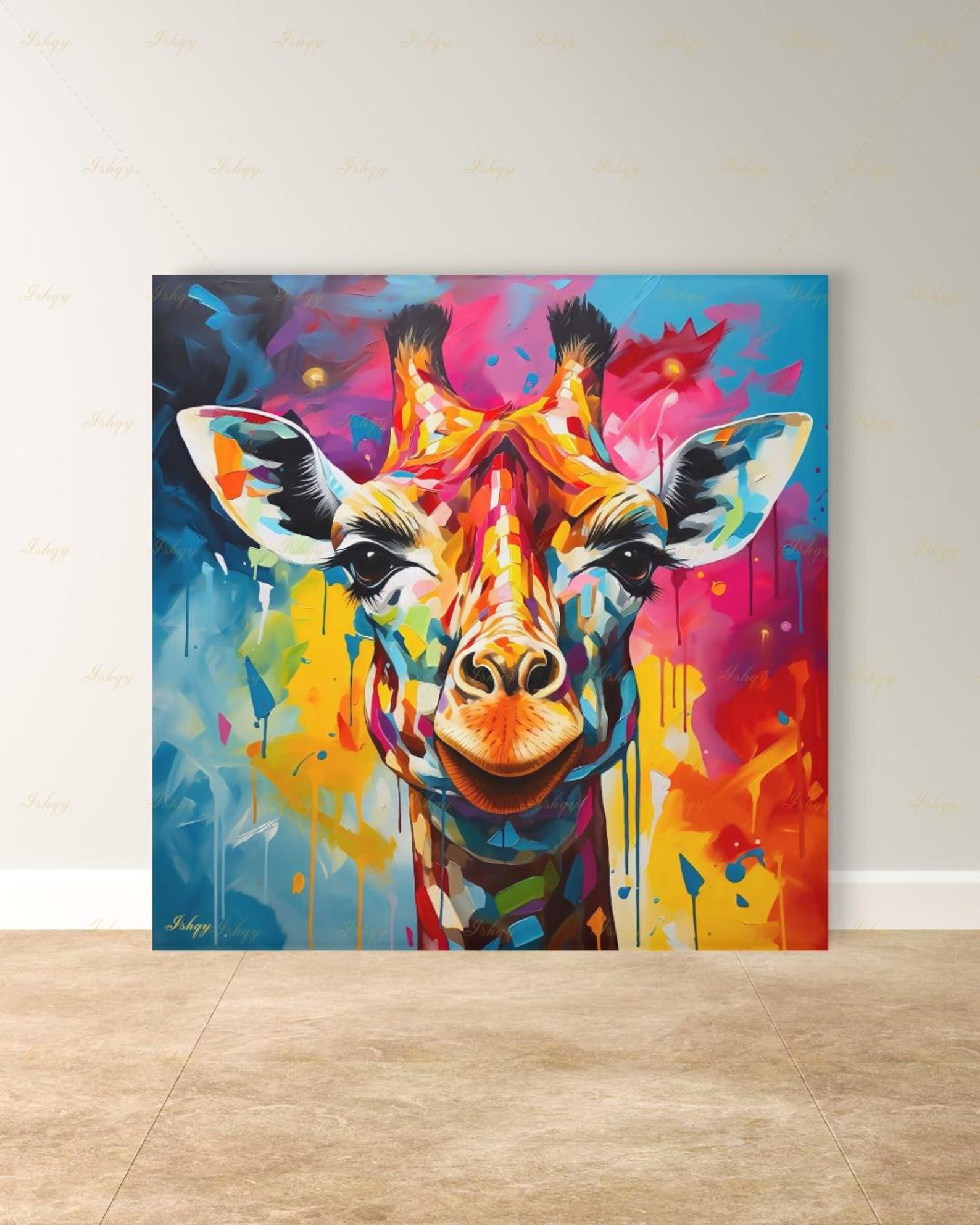 Giraffe Wall Art Large Canvas Print, Colorful Abstract Animal Portrait ...