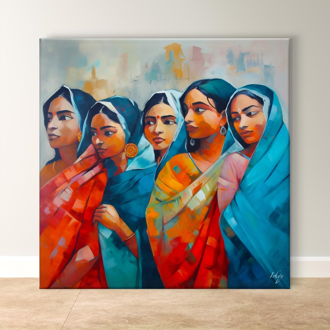 Bengali Women Art, Saree Wall Print, Vibrant Indian Painting, Cultural ...