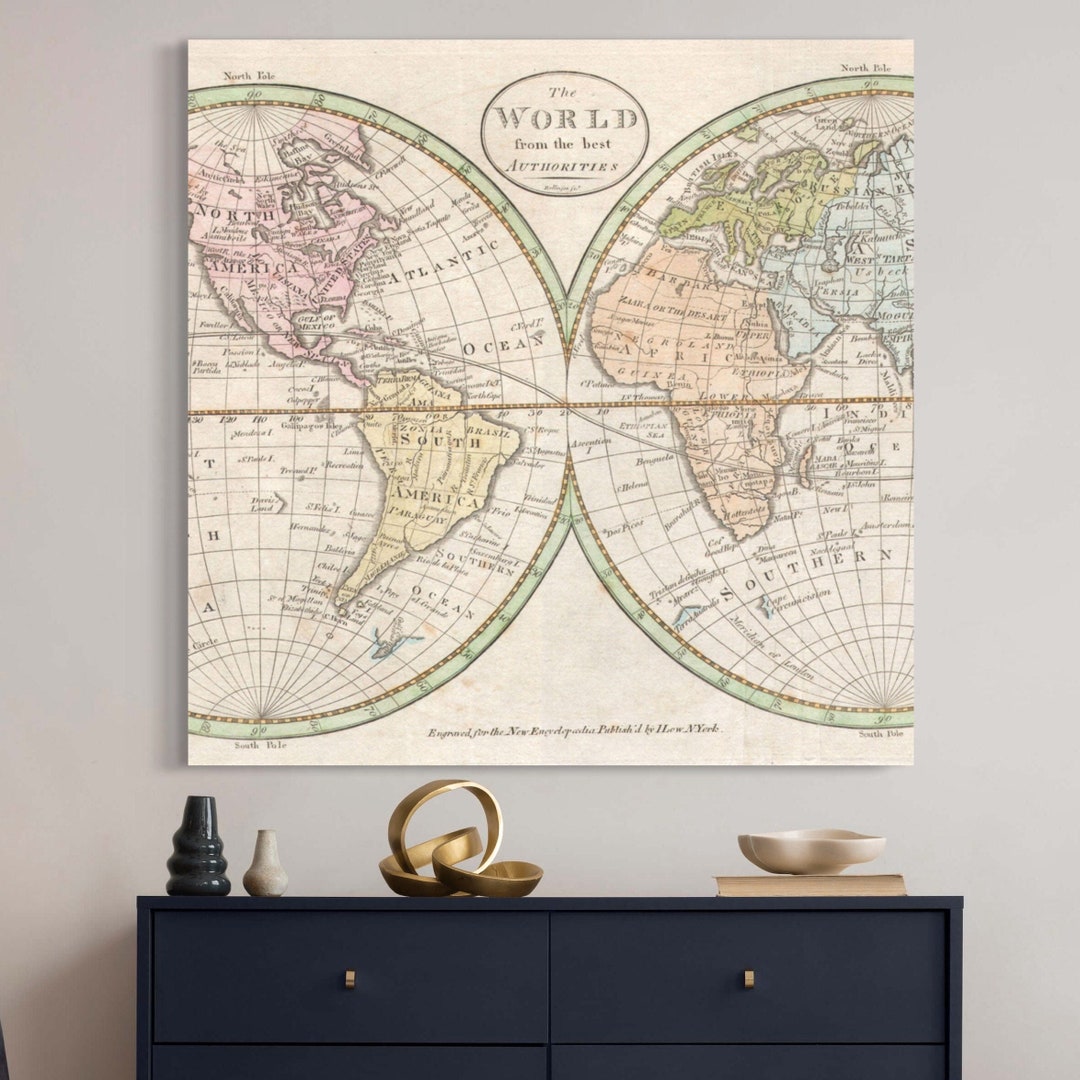 Vintage World Map on Canvas Antique Map Print, Old World Map Wall Art ...
