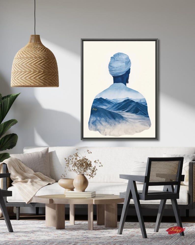 Tuareg Man Wall Art Canvas Print, Blue Desert Mountain Landscape Double ...