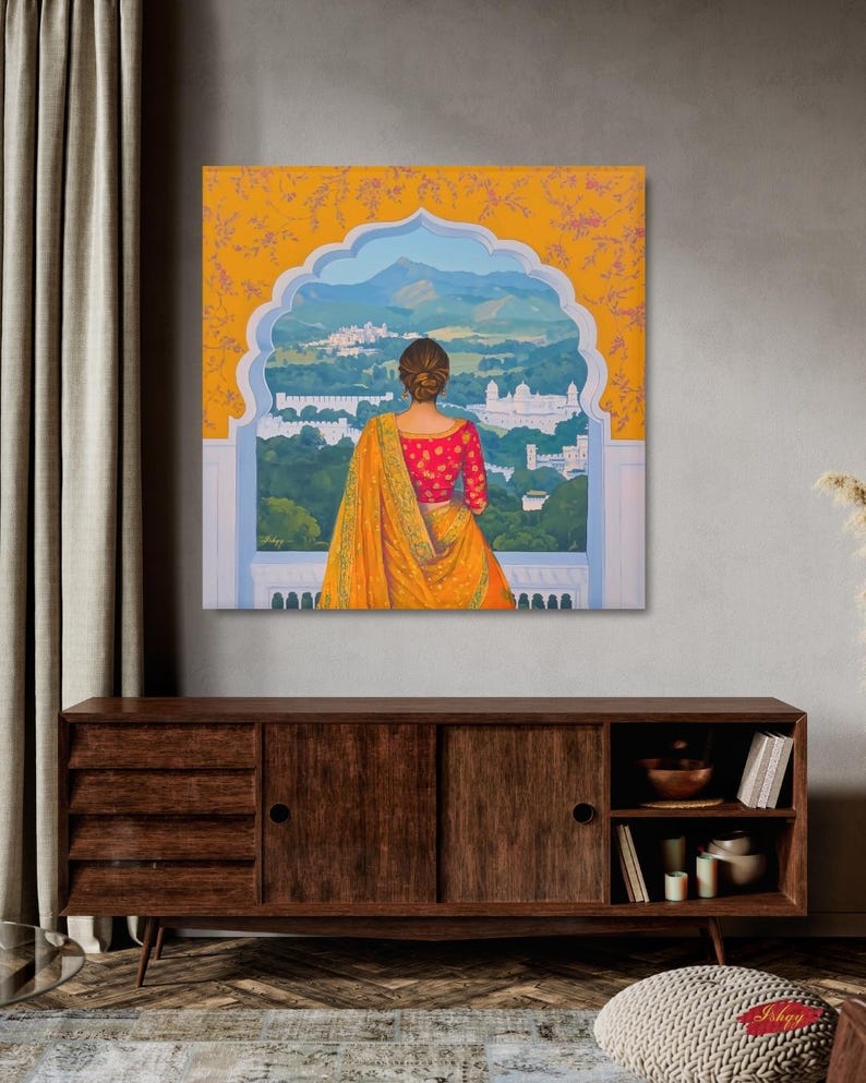 Indian Woman Wall Art, Palace View Canvas, Rajasthani Saree Painting ...