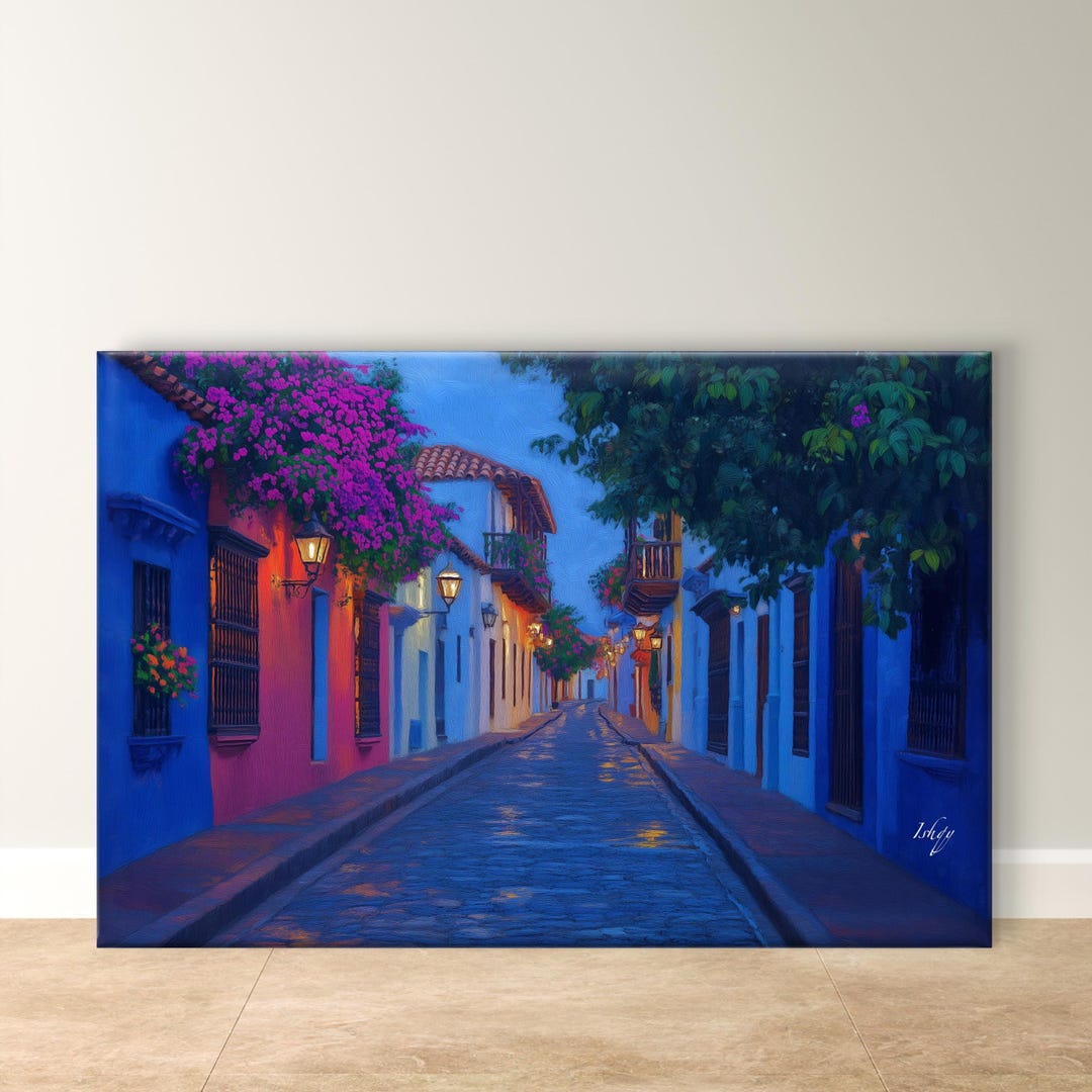 Colombian Night Street Wall Art, Vibrant Evening Scene, Colonial ...