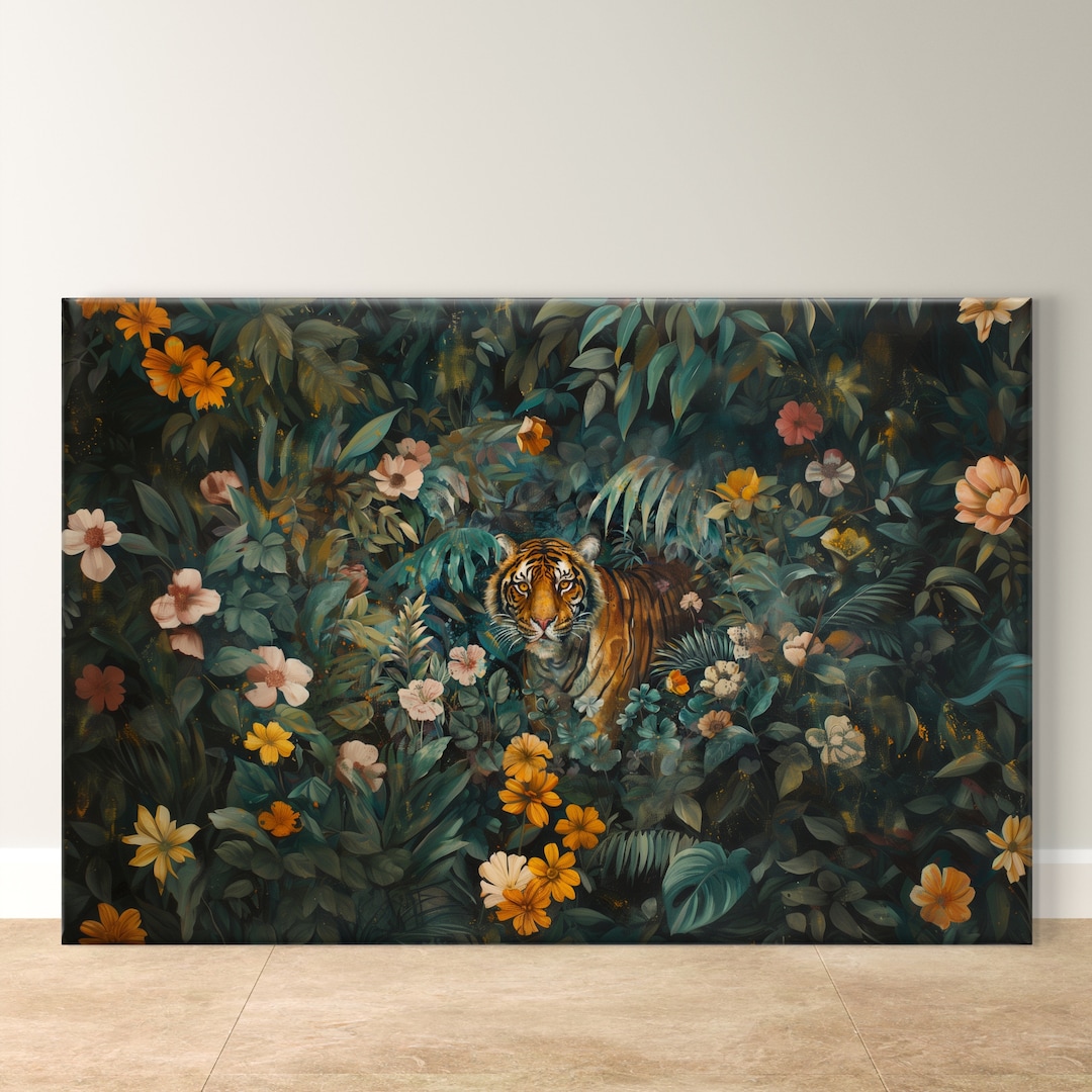 Majestic Tiger Jungle Scene Painting Print on Canvas Vibrant Wildlife ...