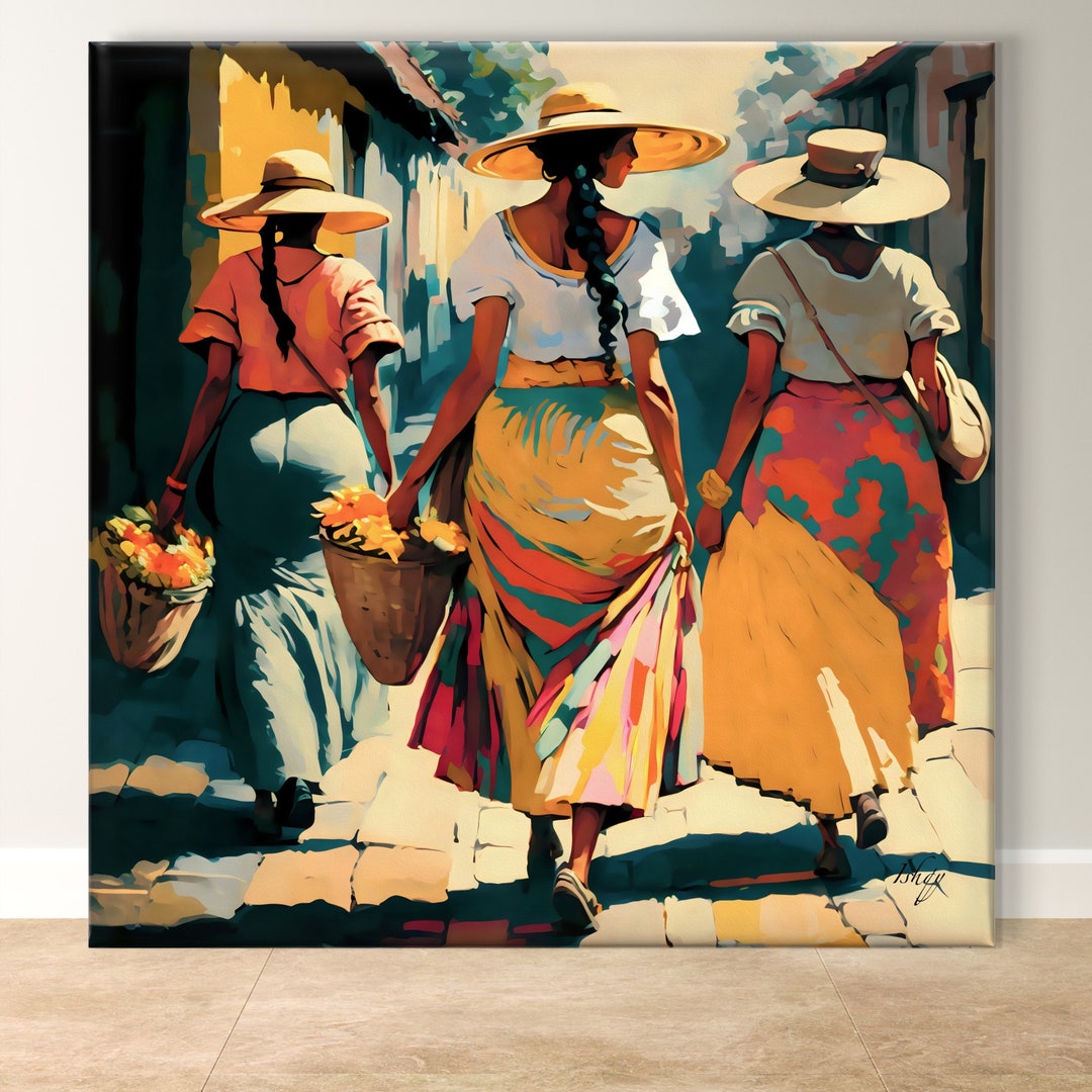 Colombian Women Painting Print Framed Canvas, Vibrant Wall Art, Modern ...