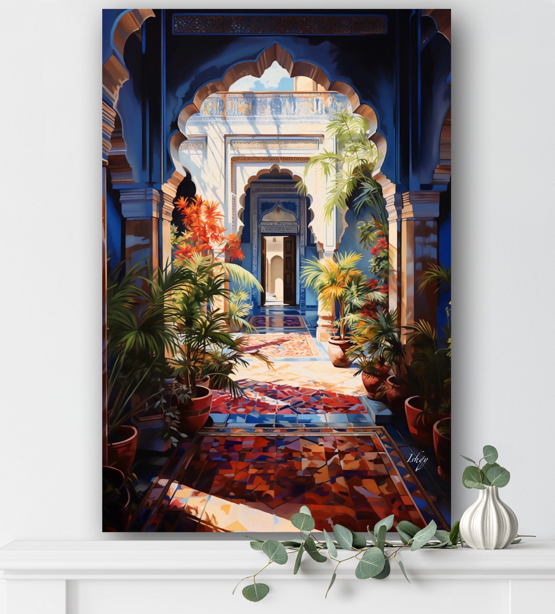 The Haveli Series: Yashoda Nivas Indian Canvas Wall Art Aesthetic Home Decor Blue Wall Decor ...