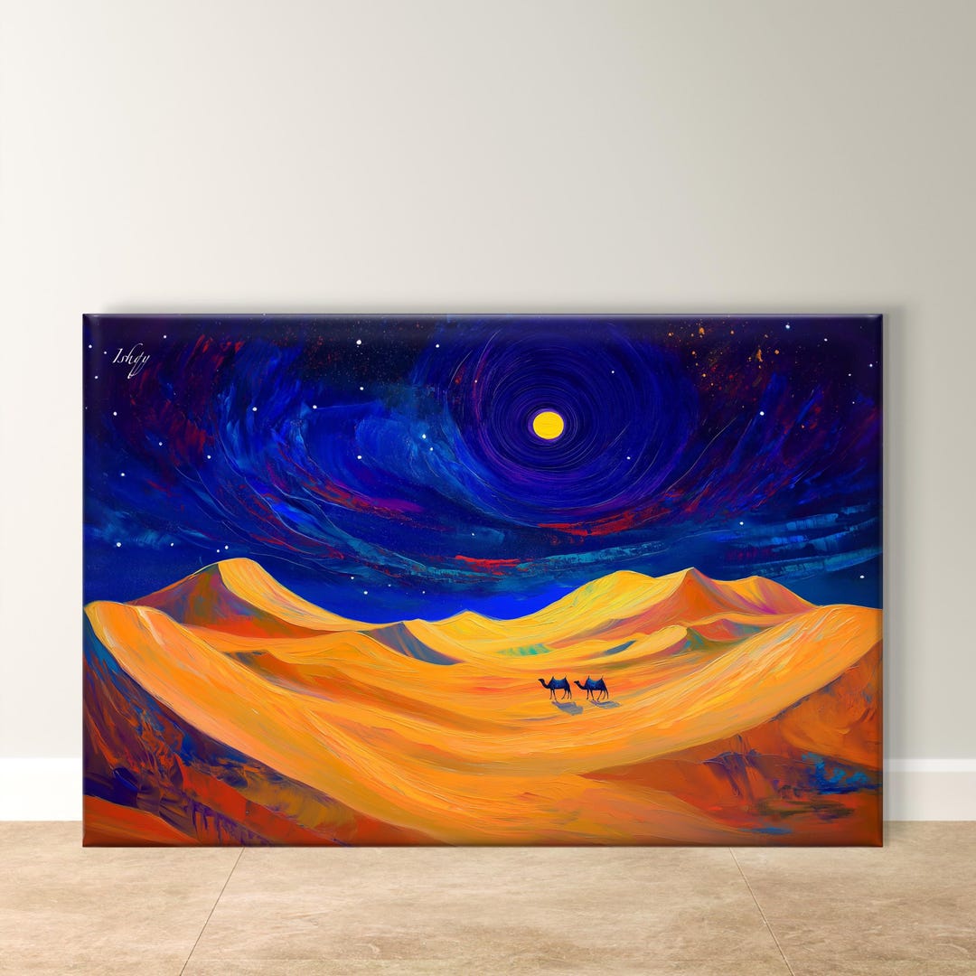 Desert Nightscape Art - Vibrant Dunes and Starry Sky Painting, Cultural ...