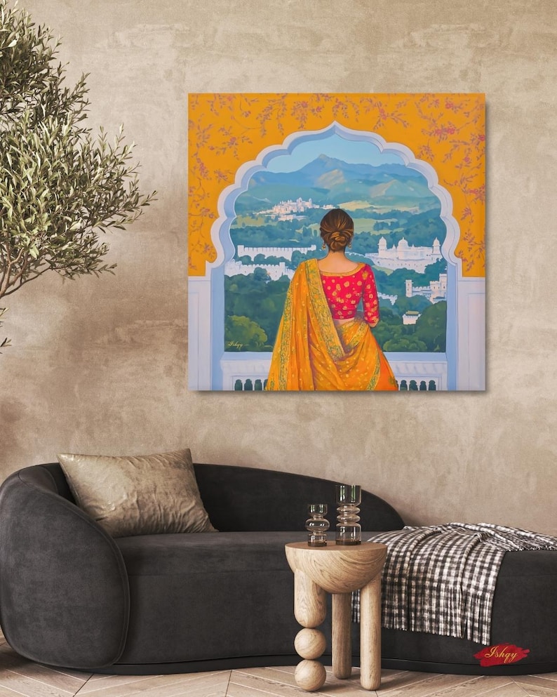 Indian Woman Wall Art, Palace View Canvas, Rajasthani Saree Painting ...