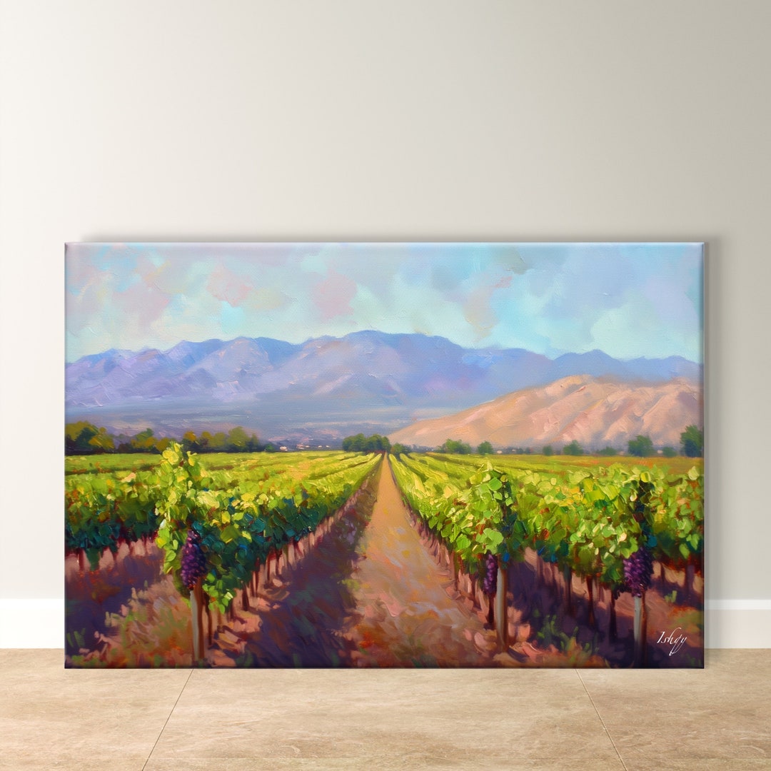 Vineyard Landscape Wall Art, Wine Country Painting Print - Serene Grape ...