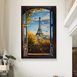 Paris Window View Art - Eiffel Tower Painting, Vibrant Cityscape Canvas ...