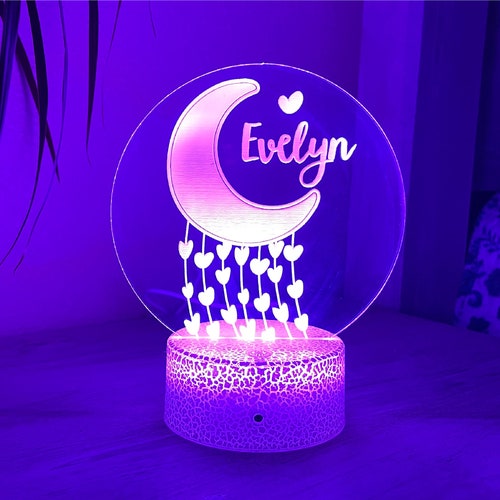 Kids Personalized Acrylic Night Light Laser Kids Moon & Hearts - Etsy