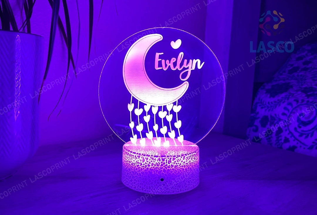 Kids Personalized Acrylic Night Light Laser Kids Moon & Hearts ...