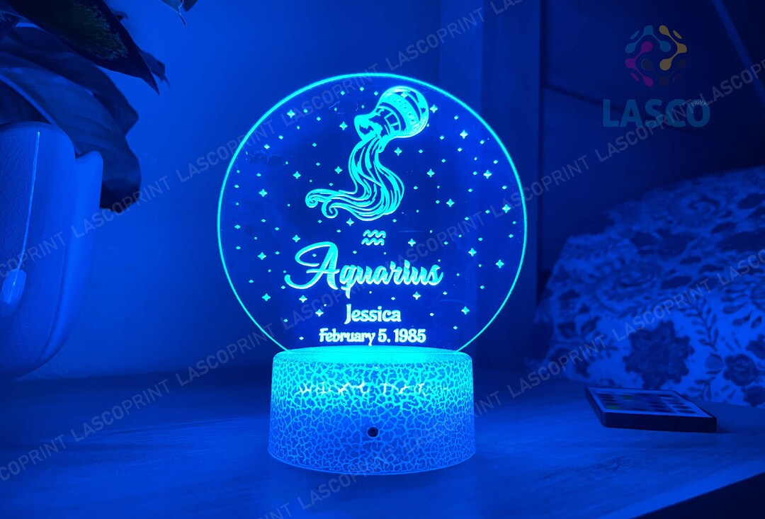 Aquarius Zodiac Sign Personalized Acrylic Night Light Perfect Birthday ...
