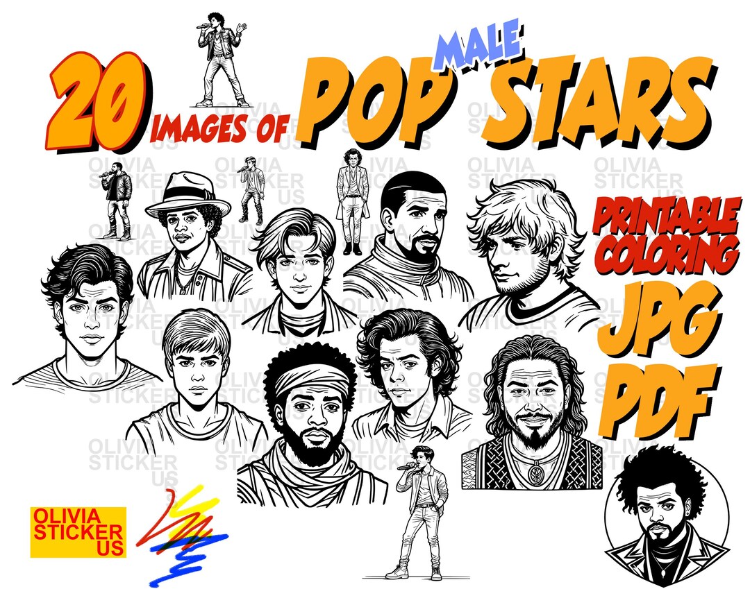 20 Coloring Pages of POP Male Singer Stars, Coloring Pages Bundle ...