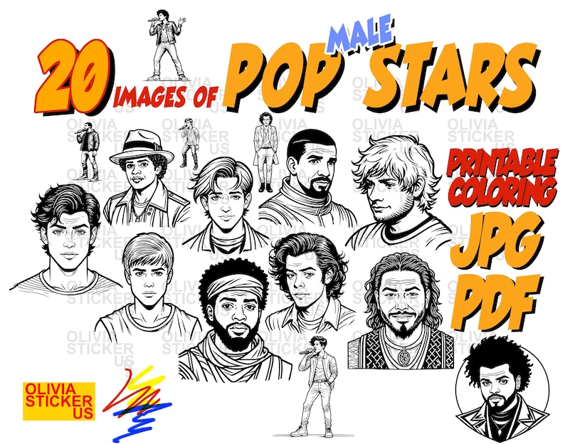 20 Coloring Pages of POP Male Singer Stars, Coloring Pages Bundle ...