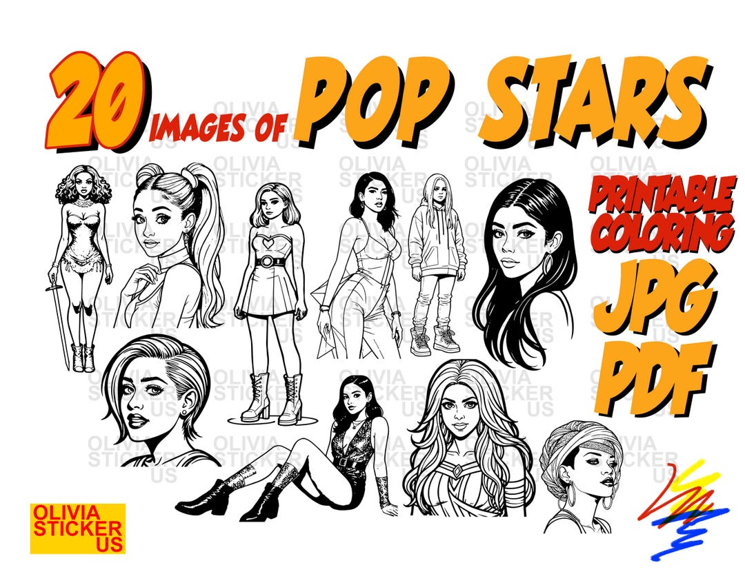 20 Coloring Pages of POP Female Singer Stars, Coloring Pages Bundle ...