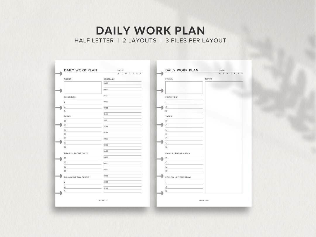 Daily Work Planner | Half Letter Planner Inserts | Printable Planner ...