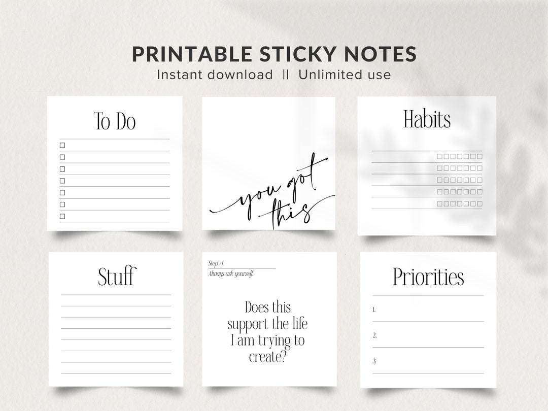 Printable Productivity Sticky Notes, Minimalist Sticky Note, Digital ...