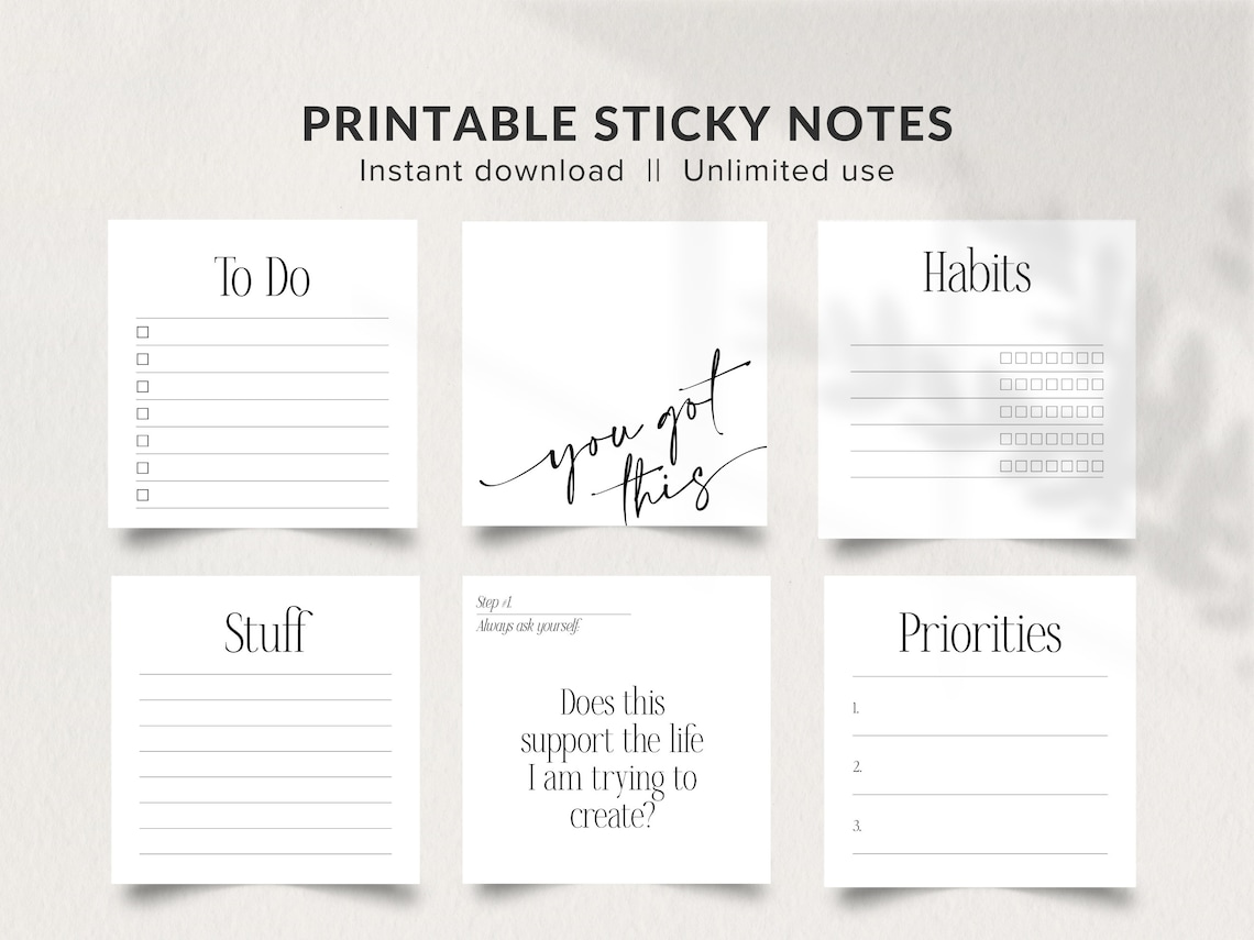 Printable Productivity Sticky Notes, Minimalist Sticky Note, Digital ...