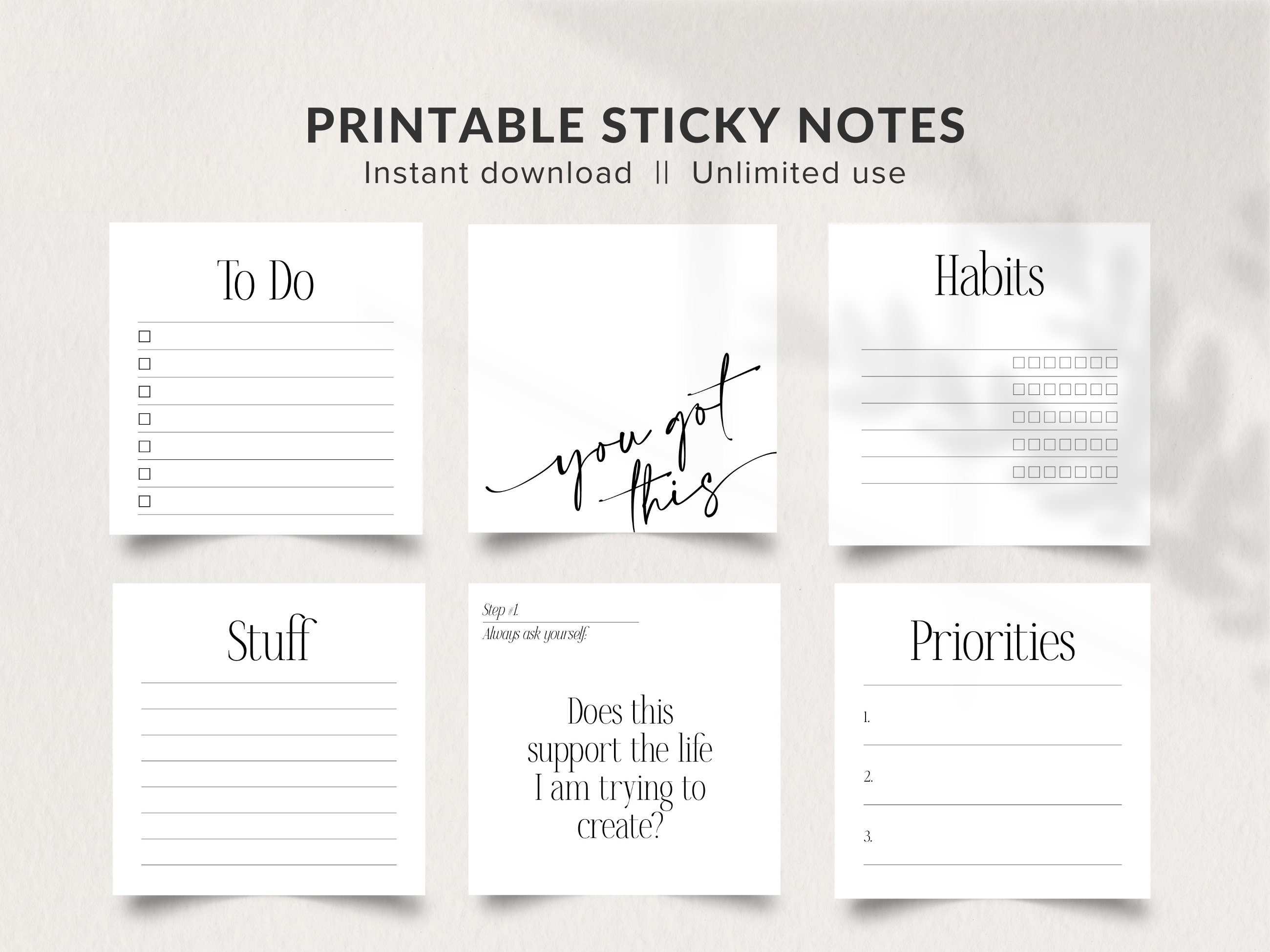 Printable Productivity Sticky Notes, Minimalist Sticky Note, Digital ...