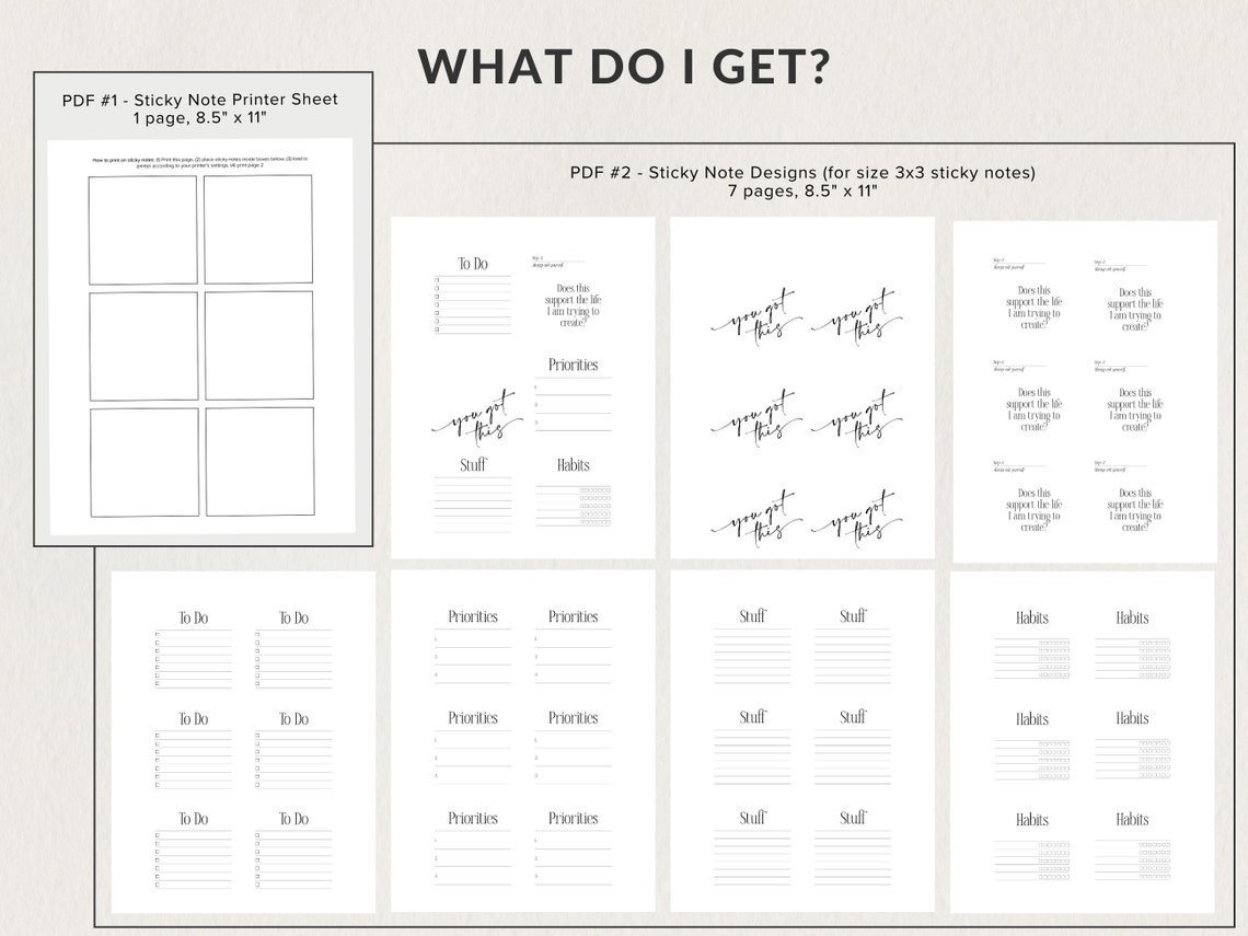 Printable Productivity Sticky Notes, Minimalist Sticky Note, Digital ...