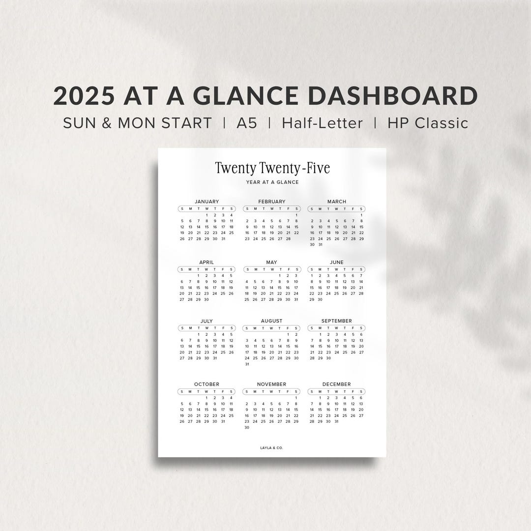 2025 Year at A Glance Printable Insert, PDF Download Calendar in Sizes ...